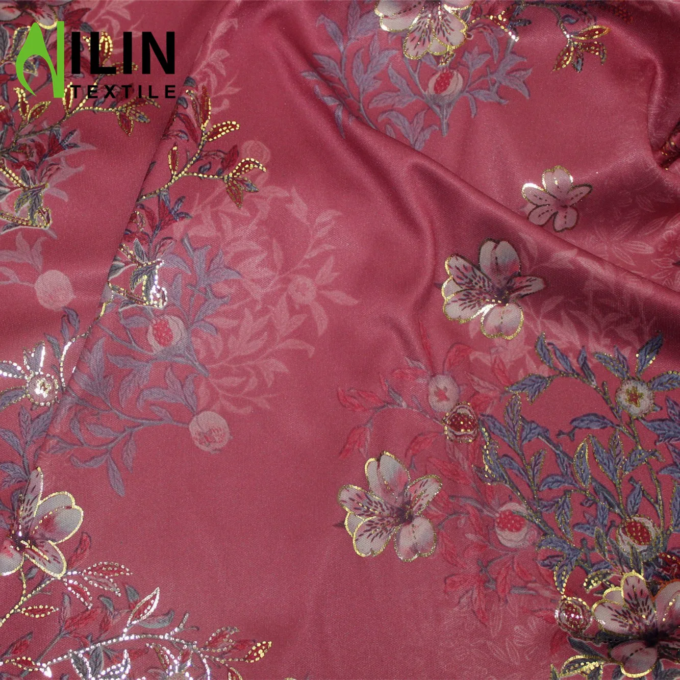Interlock Polyester AOP Foiled Print Fabric for Dress