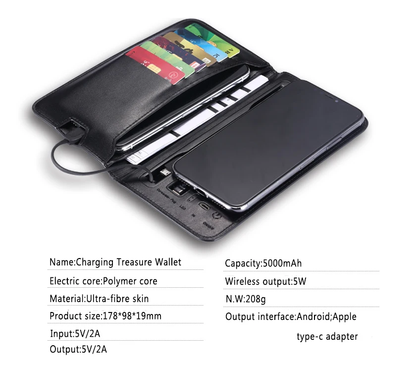 Universal Wallet Power Bank Wireless Charger Pocket Power Bank with Two ...