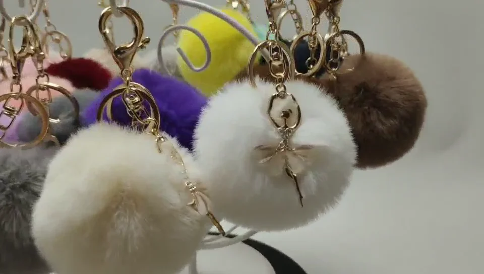 Custom 3.1inch Fluffy Rabbit Fur Ball Keychain With Dancing Girl Bulk ...