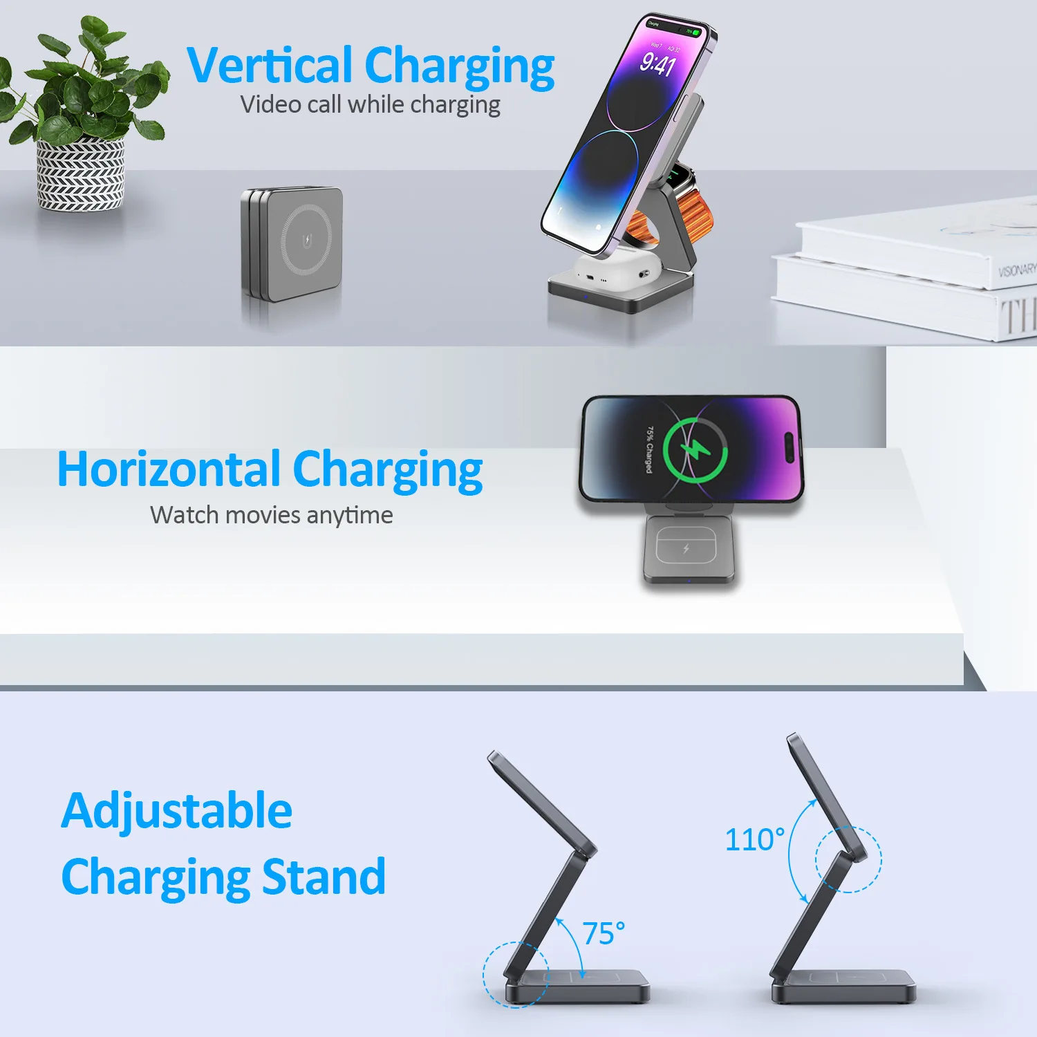 15w Usbc Aluminum Alloy Portable 3 In 1 Magnetic Wireless Charger ...