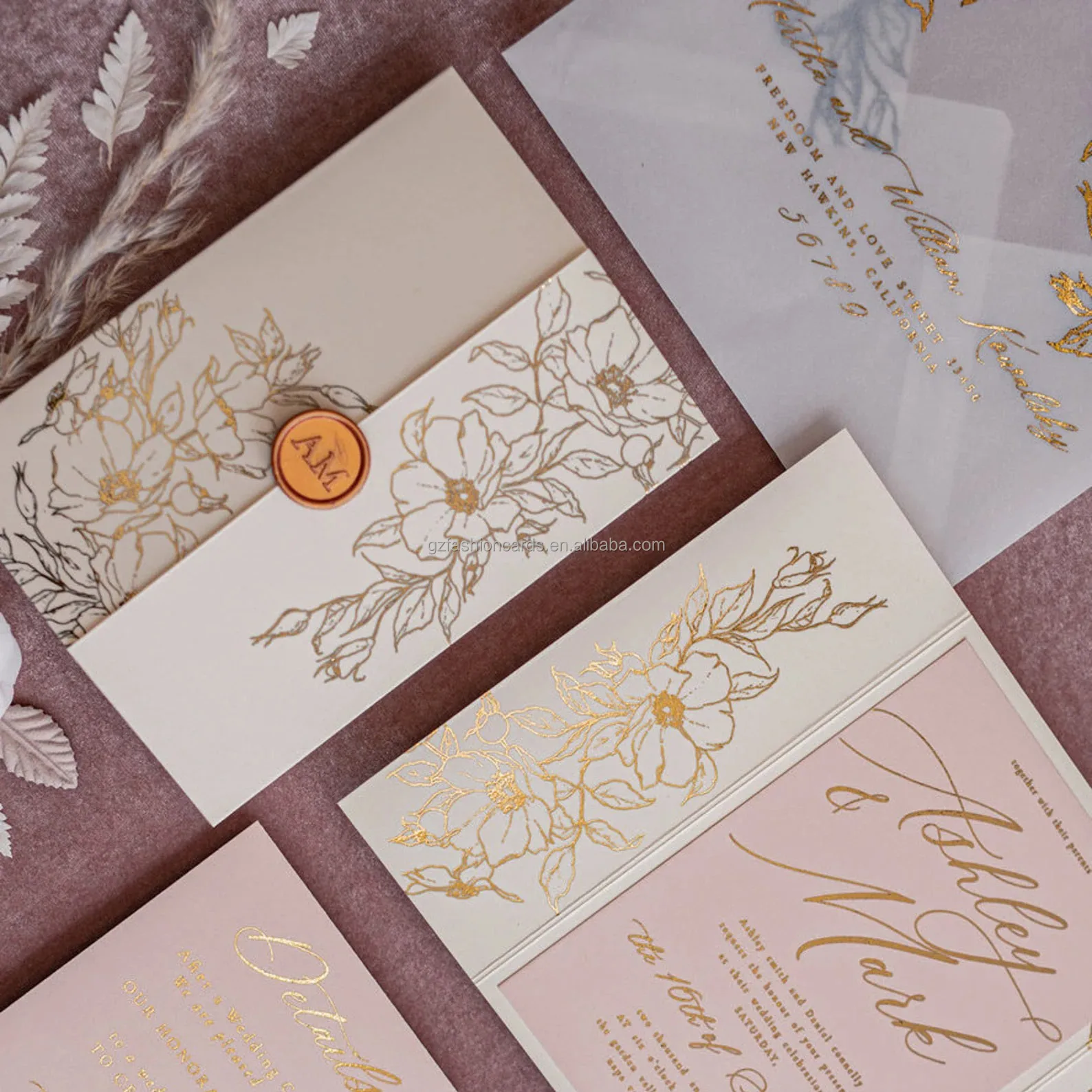 Custom Printed Floral Design Wedding Invitation Cards With Rsvp & Oem