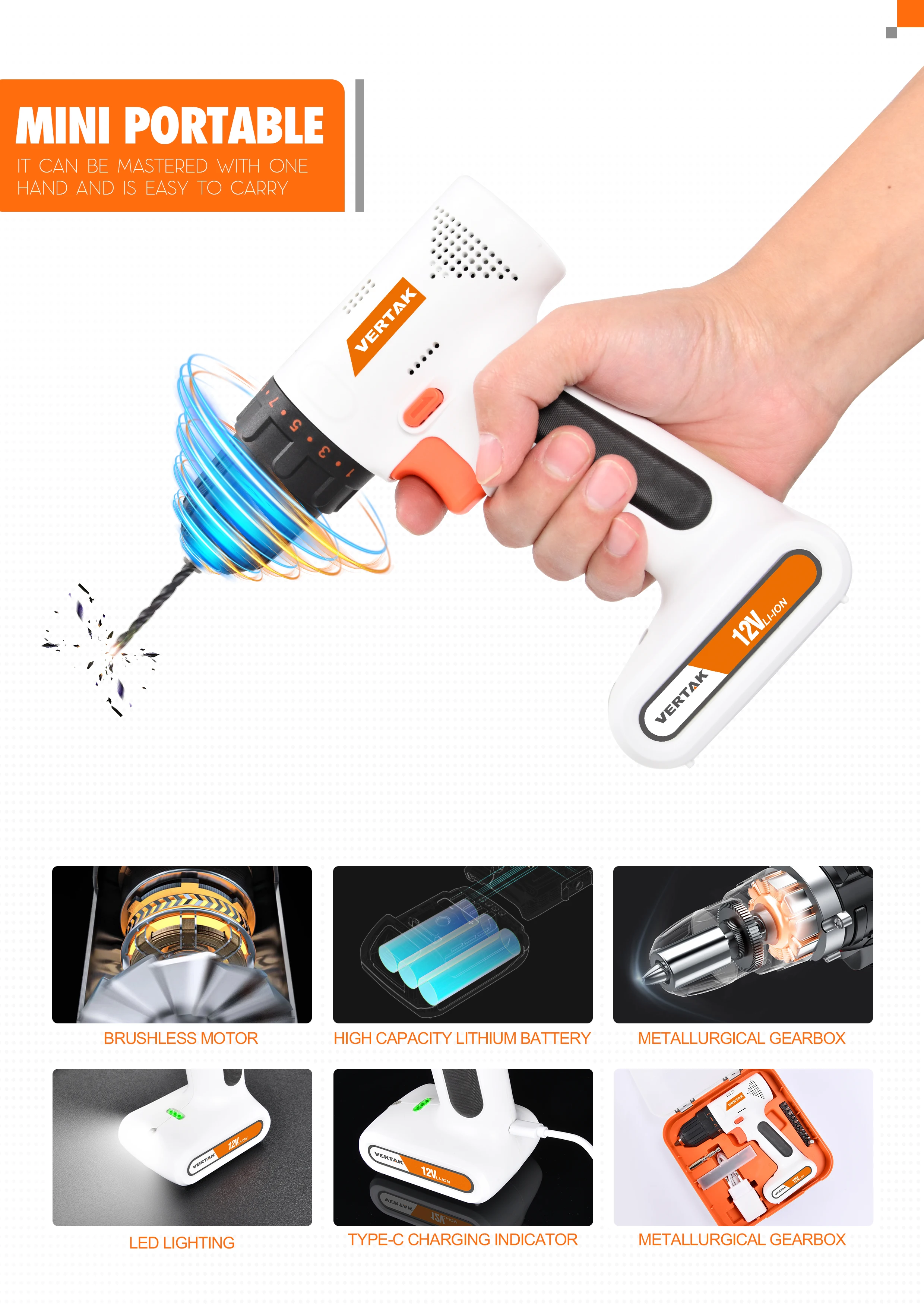 Vertak Brushless Lithium Electric Portable Drill Set 12v Mini Battery ...