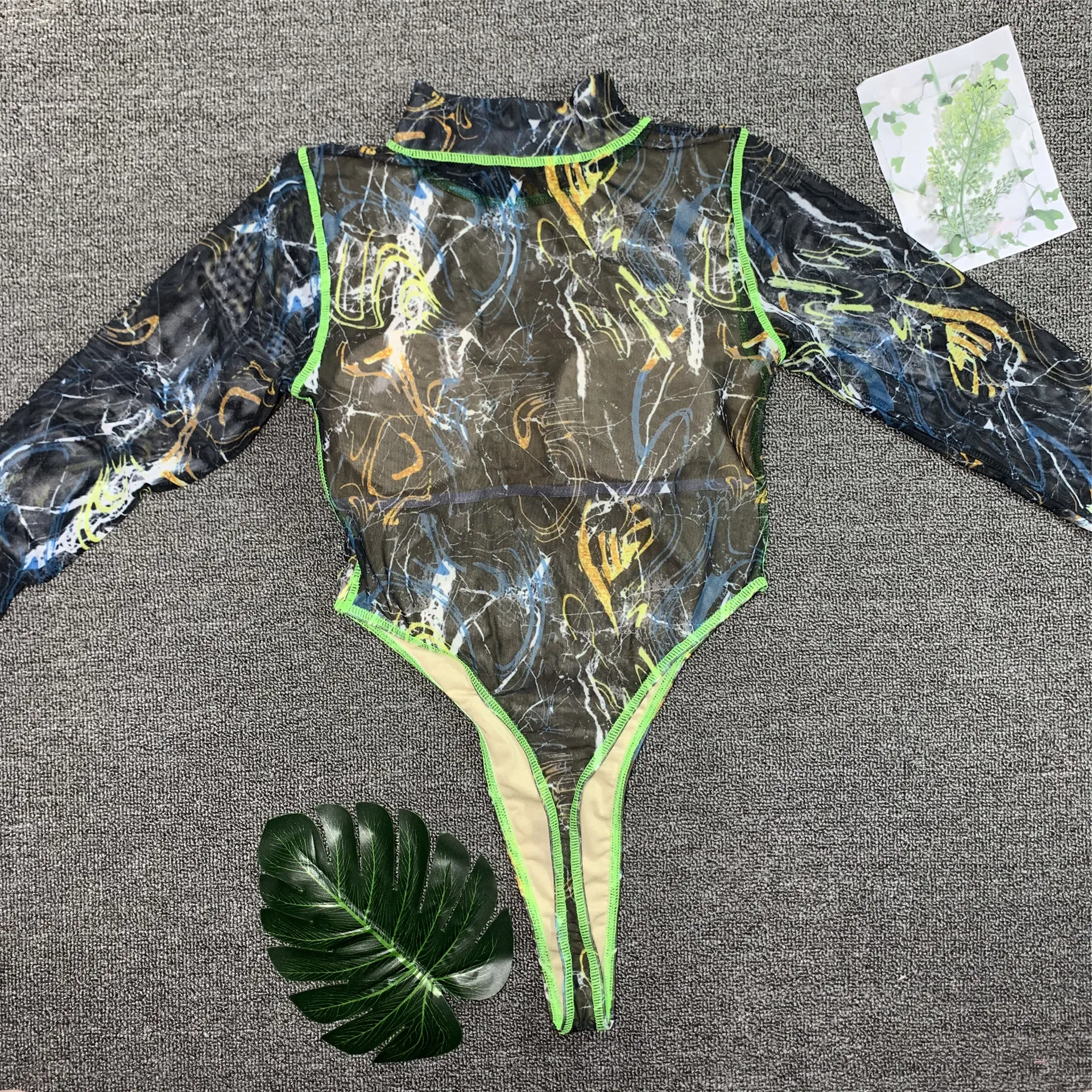 Female One Piece Long Sleeve Mesh Swimsuit For Women Leopard Monokini ...