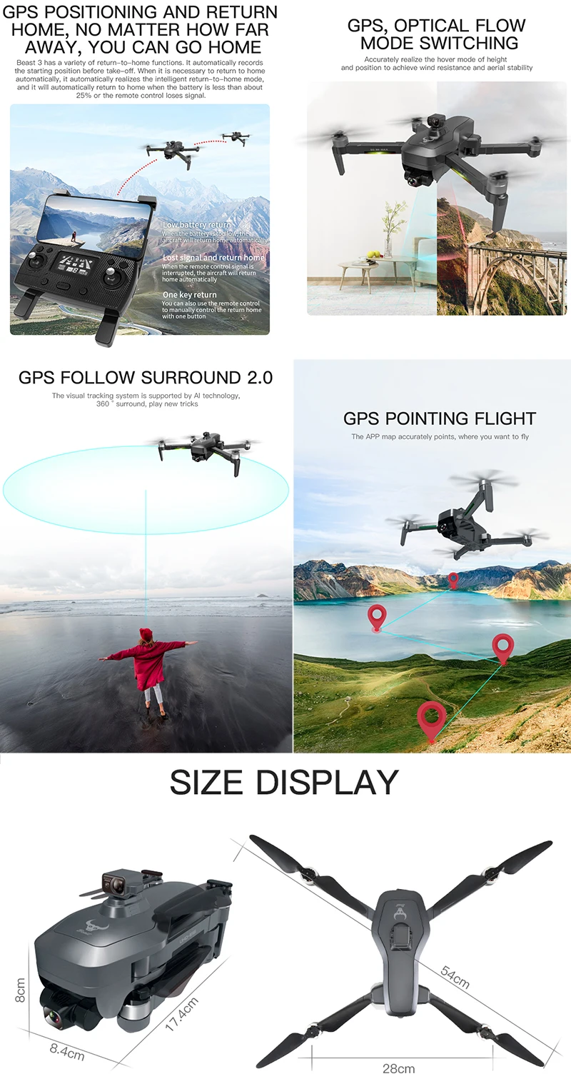 Zigo Tech Drone with Camera Range - 3 Axis Gimbal GPS Drones