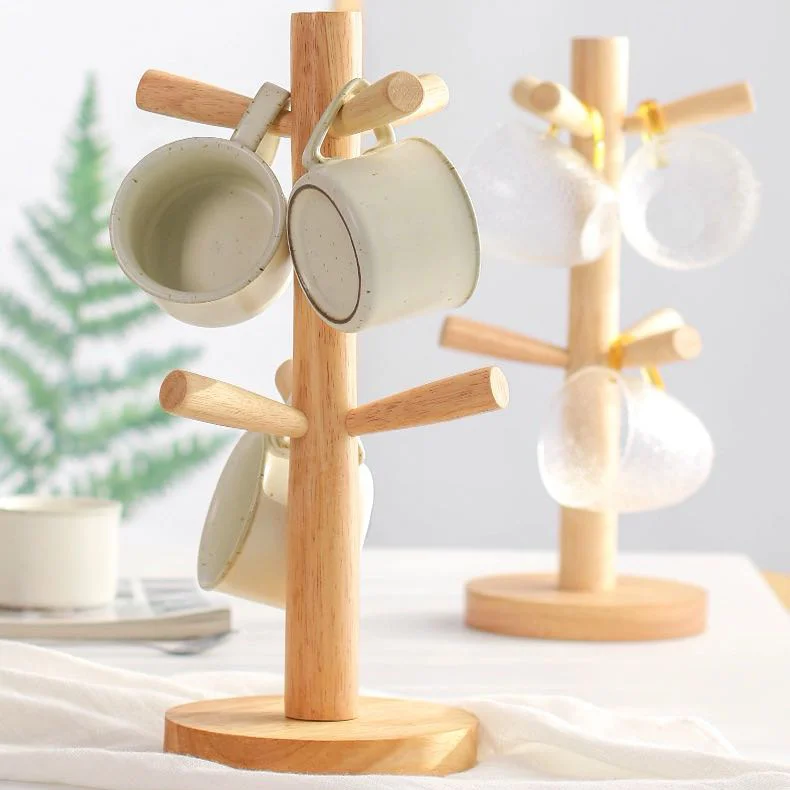 Custom Wooden Cup Holder Tree Stand With 6 Storage Hooks Round Bottom ...