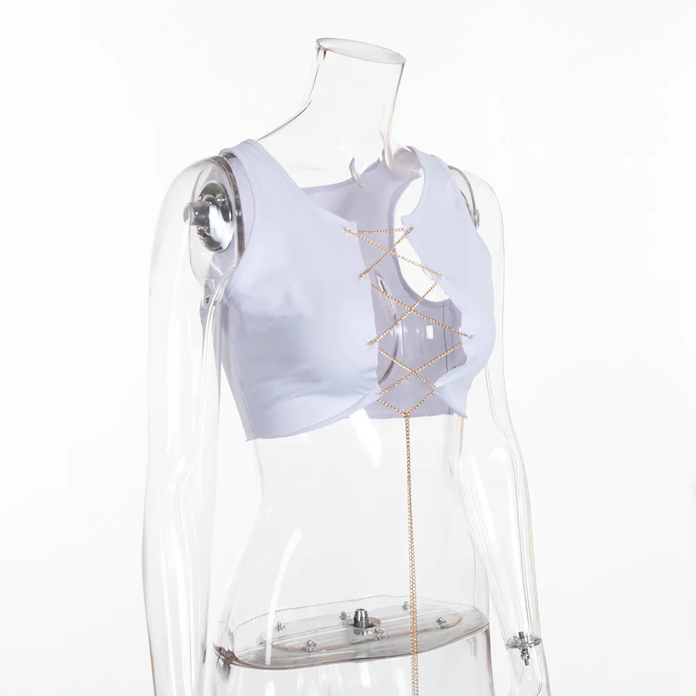 Chain Sexy Crop Tops Women T-shirt Lace Up Sleeveless Nightclub Top ...