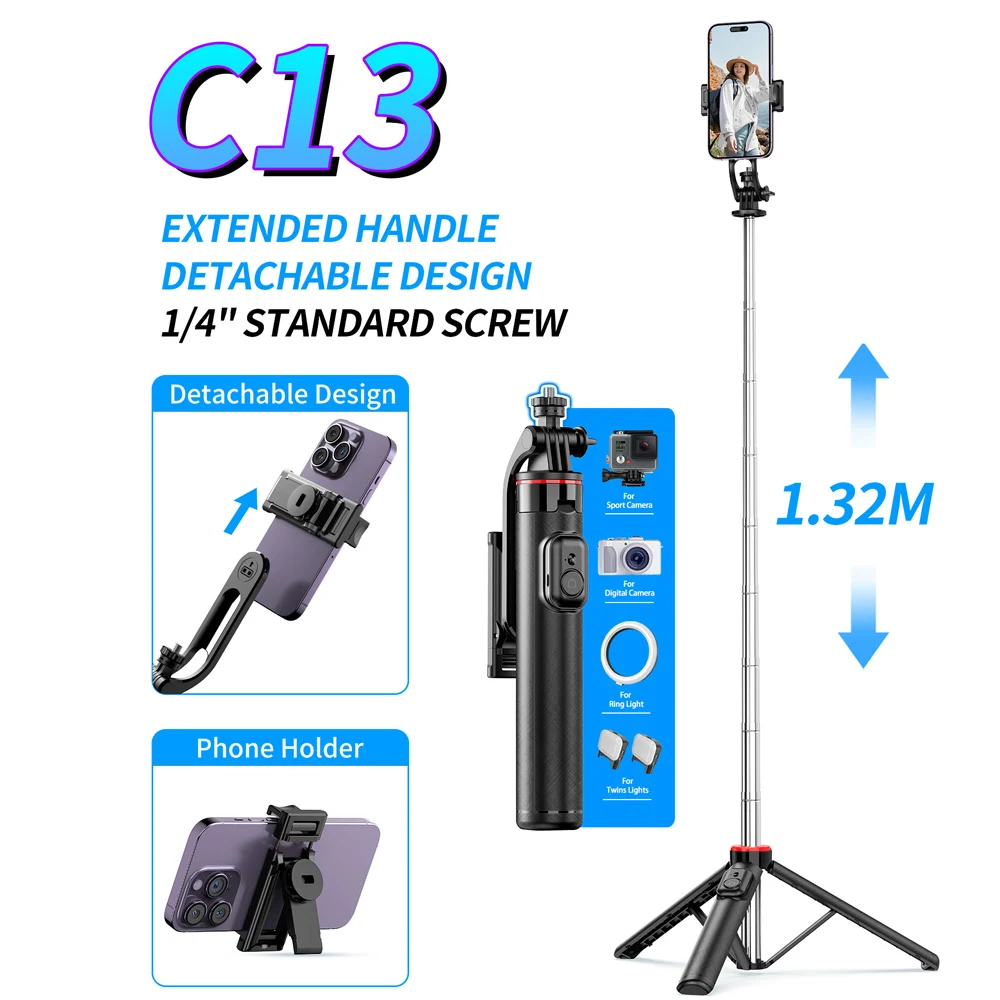 TOKQI-C13 Extra-Long Phone Tripod Handle Detachable Design