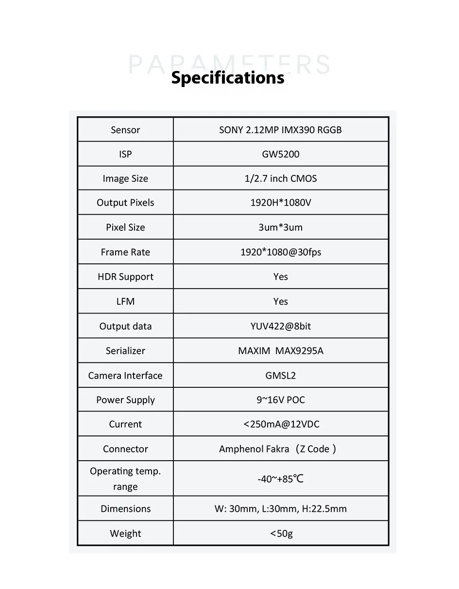 2MP HDR IMX390 RGGB Camera Module with GMSL2 Onboard ISP for Automotive ...
