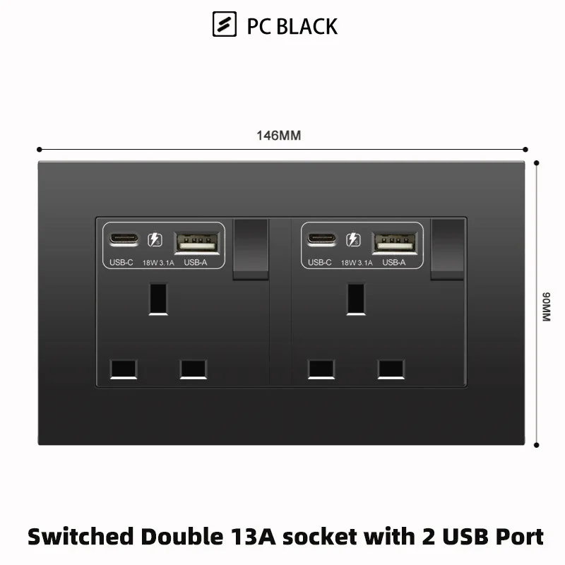 Uk 13A Light Switch Single Socket with USB Fast Charging