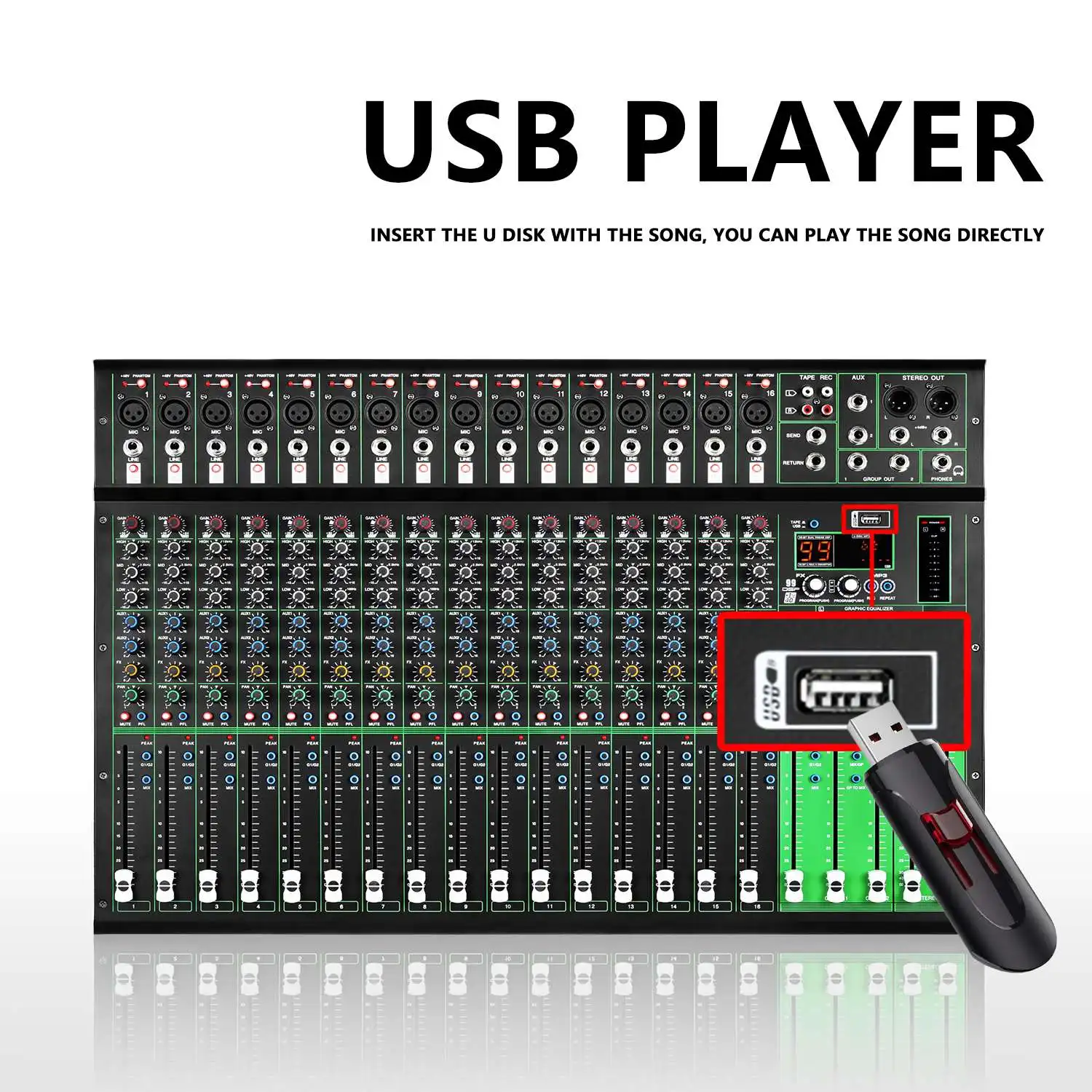 GAX-PK16 Mixer - 16 Channels, Dual 7-Segment EQ, USB BT