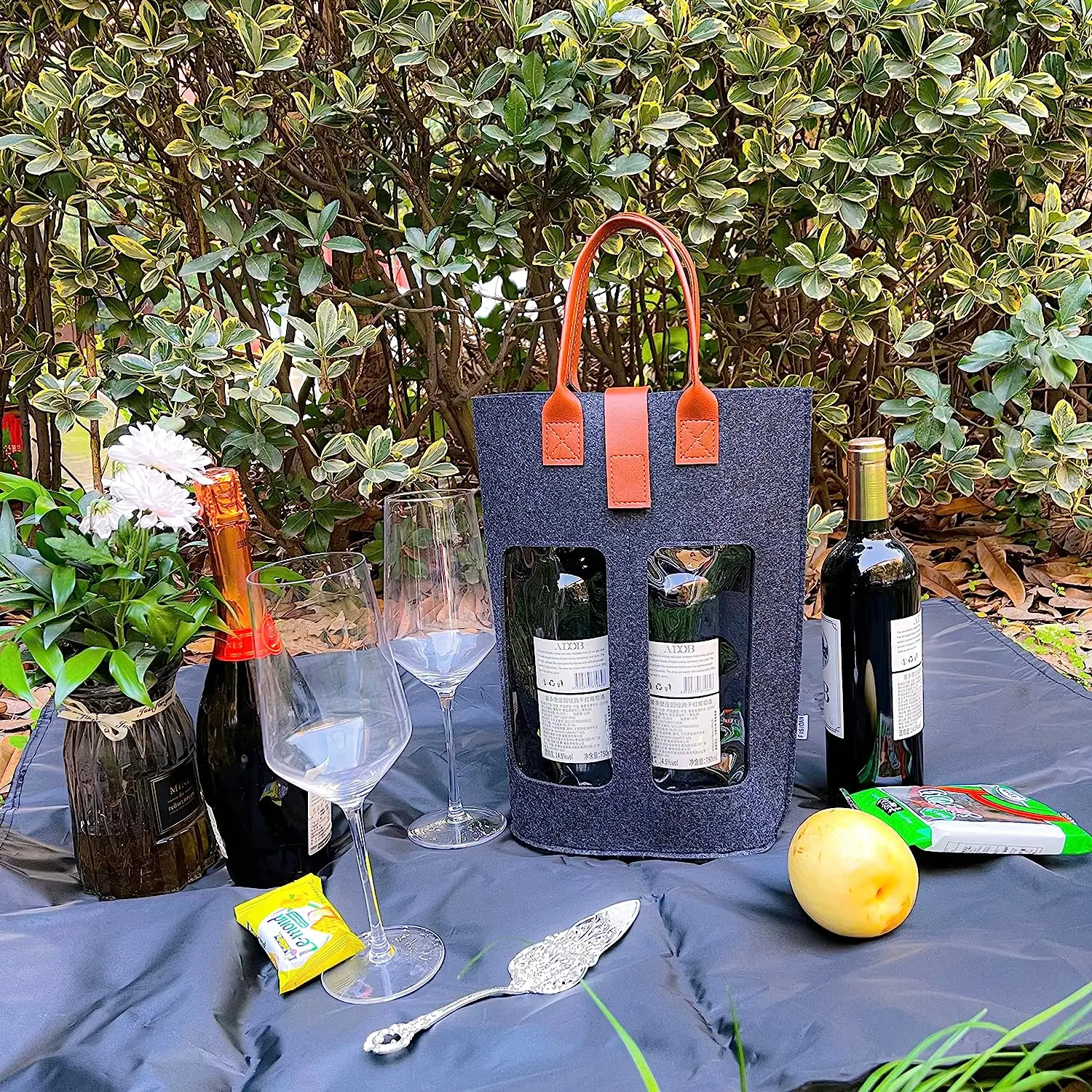 Two Bottle Double Wine Bag Felt Wine Carrier Tote Reusable Bottle Gift ...