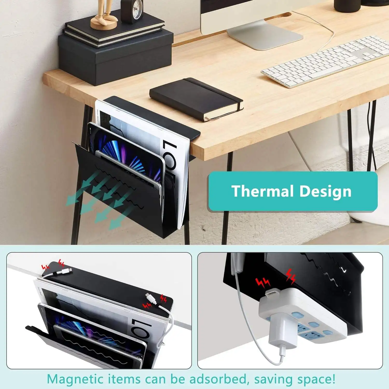 2 Tier Steel Hanging Desk Side Storage Aluminum Alloy Laptop Documents ...