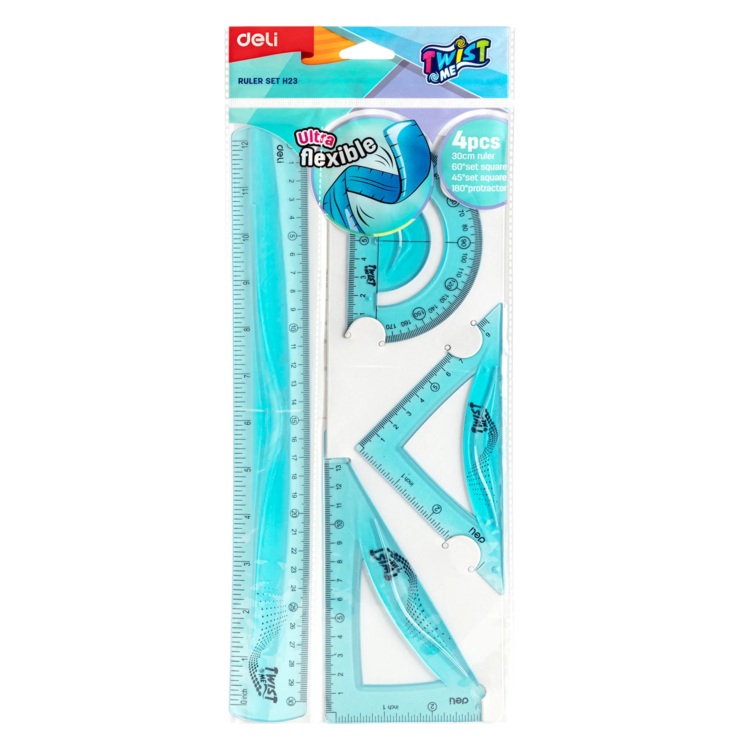 Deli EH23 Plastic Four-piece Ruler Blue Triangle Ruler 20cm Ruler ...