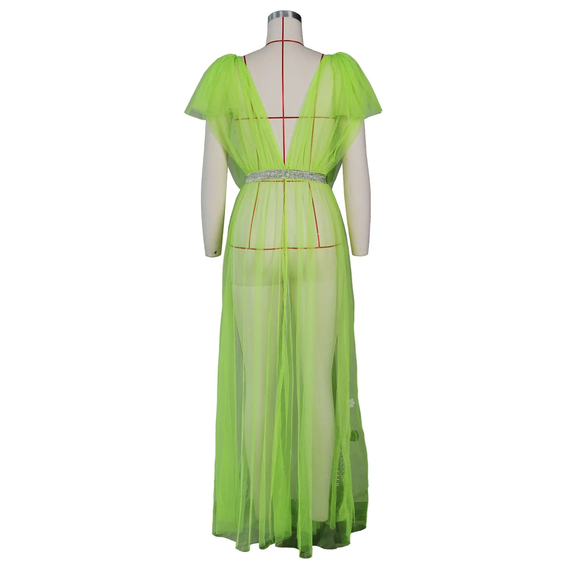 Fluorescent Green Sheer Mesh Maxi Dress Ruffle Shoulder Sexy V Neck ...
