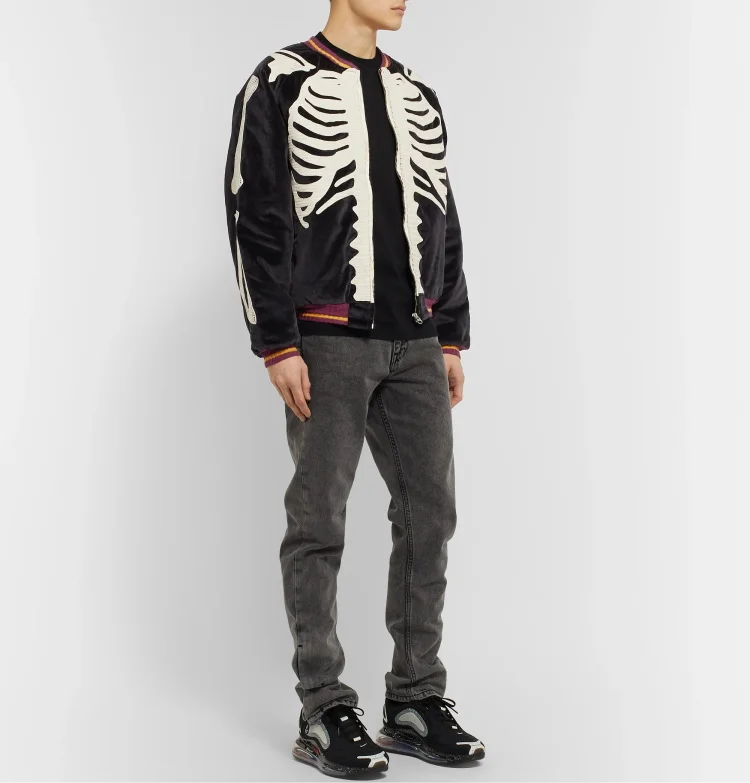 Custom Streetwear Embroidery Bomber Skeleton Velvet Jacket For Men ...