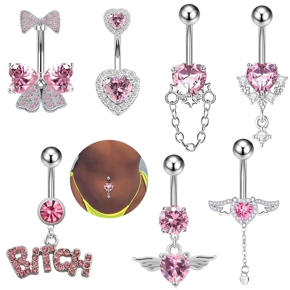 New Arrival Navel Button Rings Set Pink Crystal Belly Ring Stainless ...