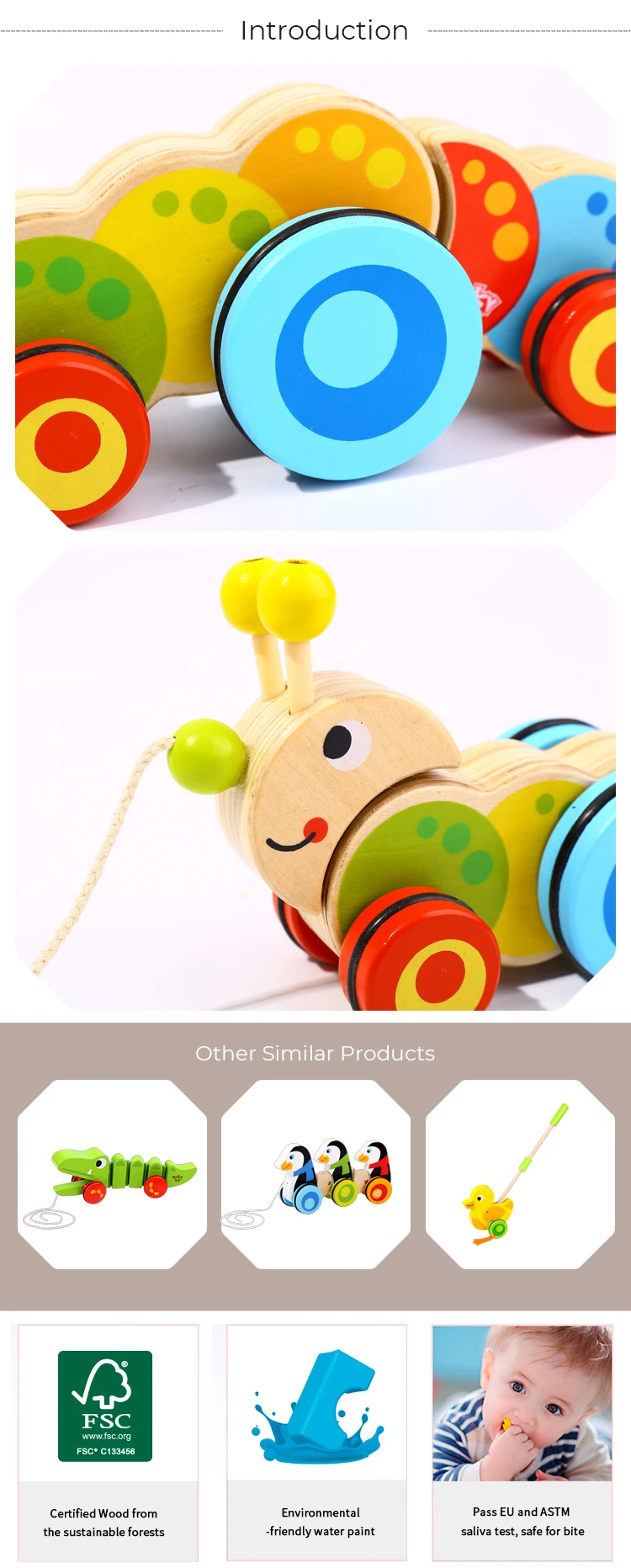 TOOKY TOY 2025 Wood Toy Pull Along - Safe & Fun for Toddlers