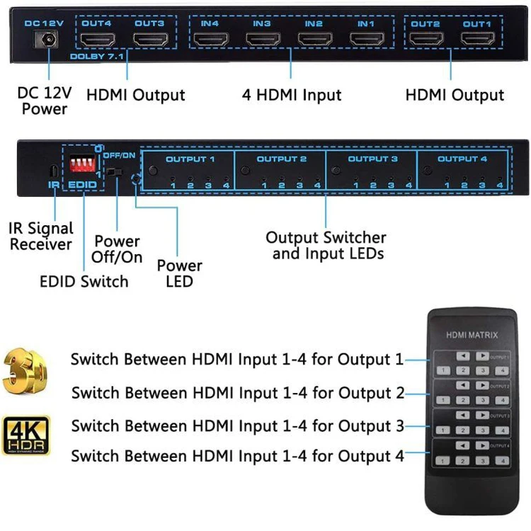 V2.0 4K HDMI Matrix 4x4 4 in 4 Out Box with EDID Extractor IR Remote Control Support 4K HDCP 2.2 ...