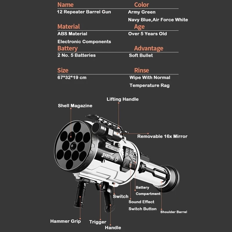 12 Burst Mortar Electric Rocket Launcher - Toy Gun Fun