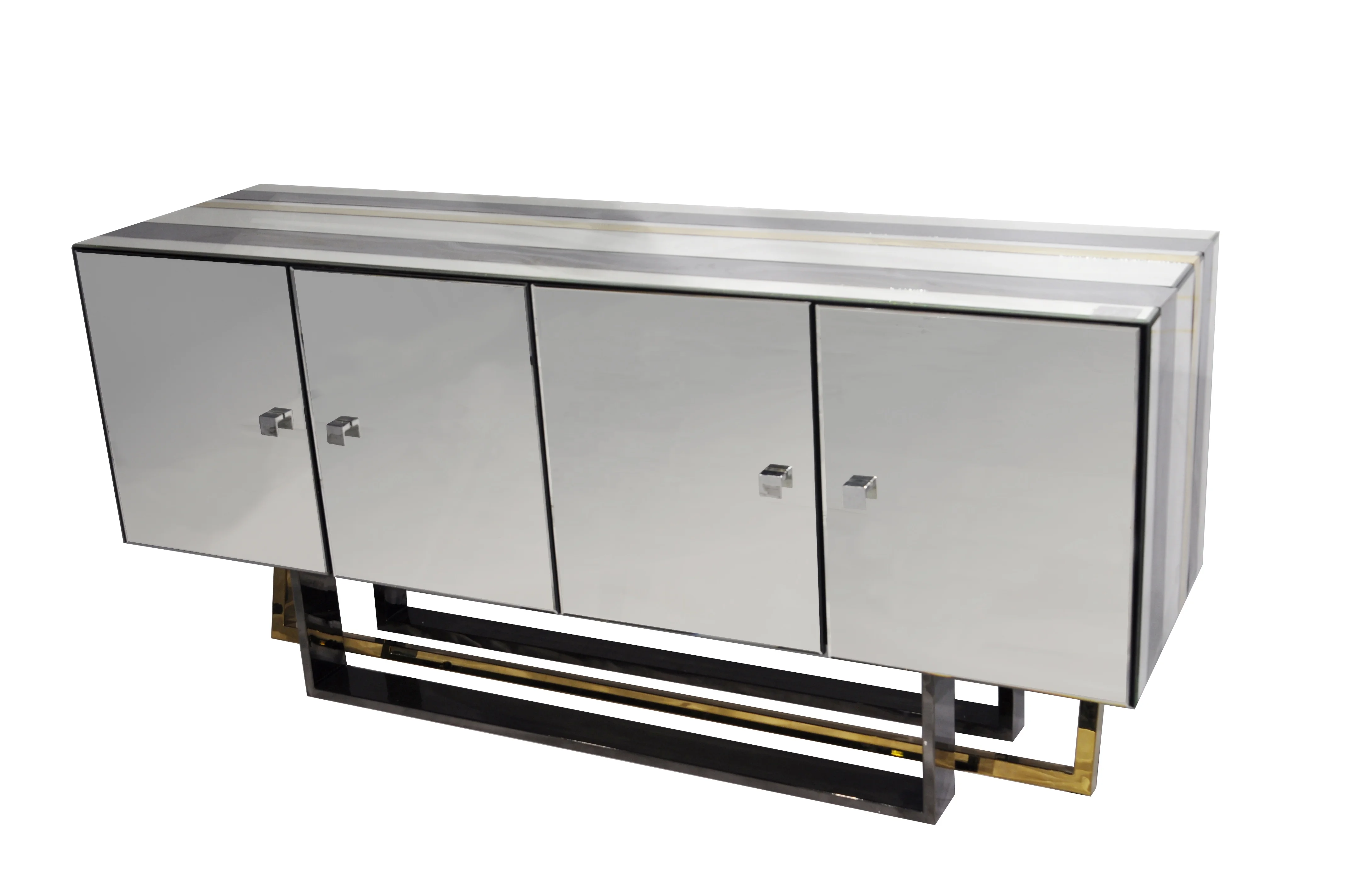 Modern 4 Doors Metal Leg Decorative With Color Stripe Mirrored Buffet ...