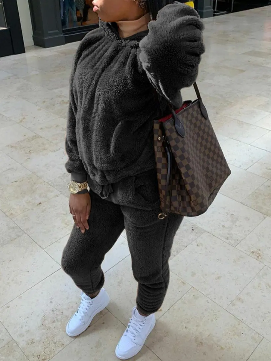 Plush Warm Fluffy Suits 2 Pieces Set Cute Fuzzy Sherpa Hoodie Thick ...