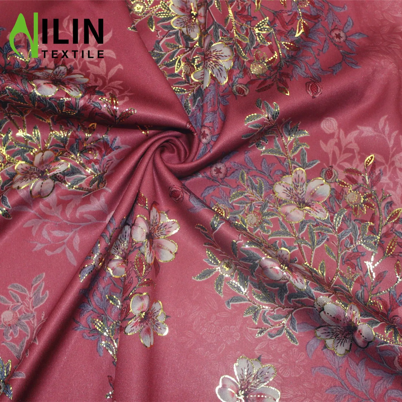 Interlock Polyester AOP Foiled Print Fabric for Dress