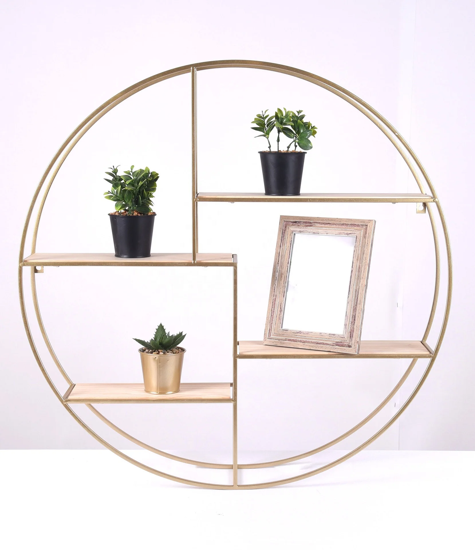 Modern Luxury Round Metal & Floating Wooden Wall Shelf Home Decor ...