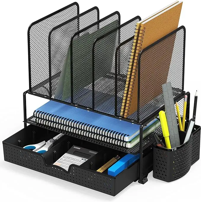 Grid Office Desk Storage Rack With Sliding Drawers,Dual Trays,And 5 ...