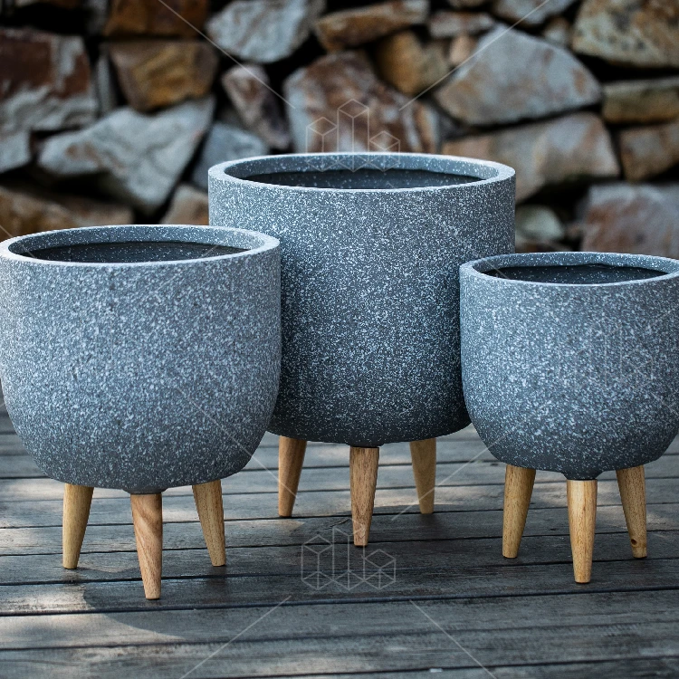 Chic Design Wood Legs Garden Pot Planter Blue Round Flower Pot And ...