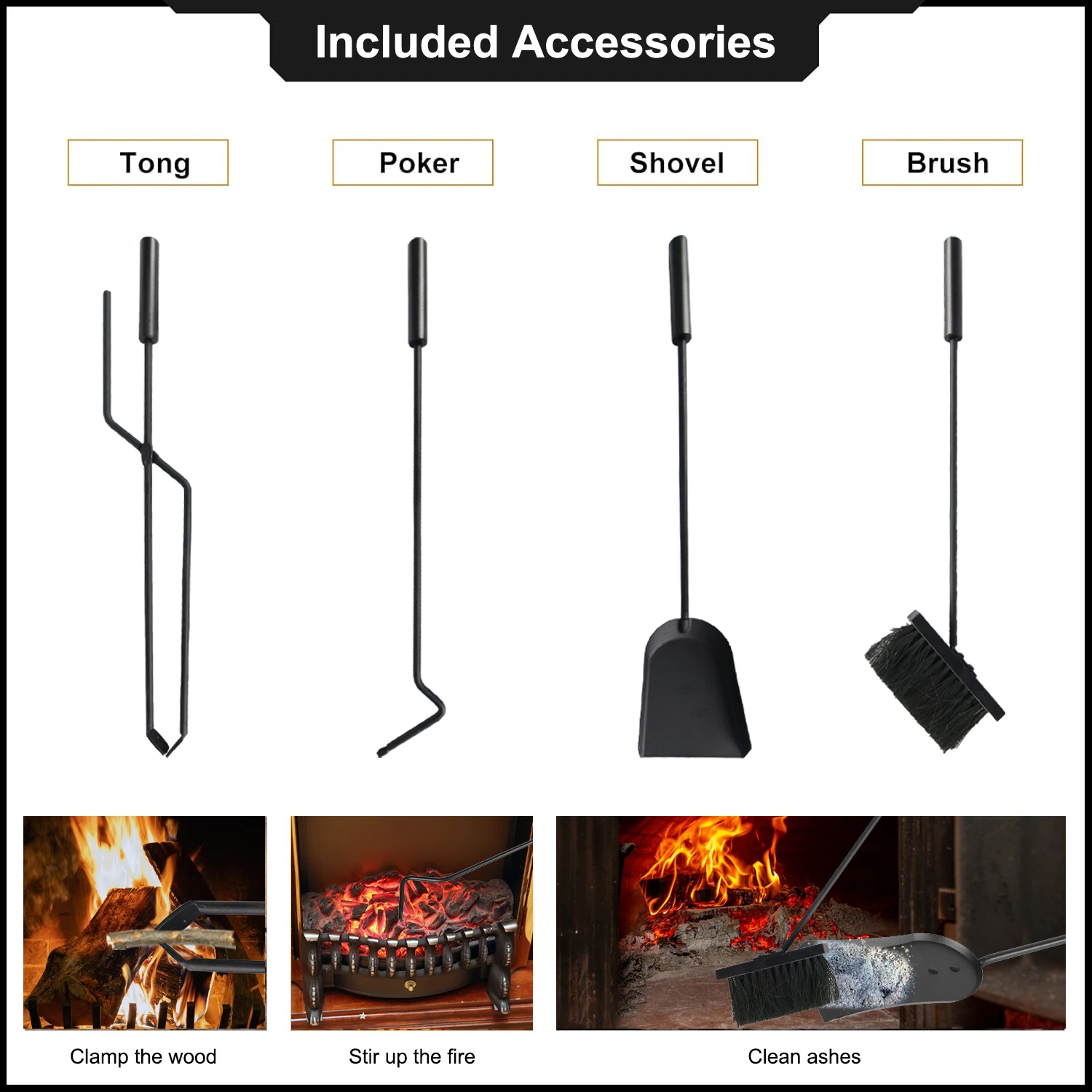 Wrought Iron Handle Outdoor Wood Stove Fireplace Accessories 4pcs Black ...