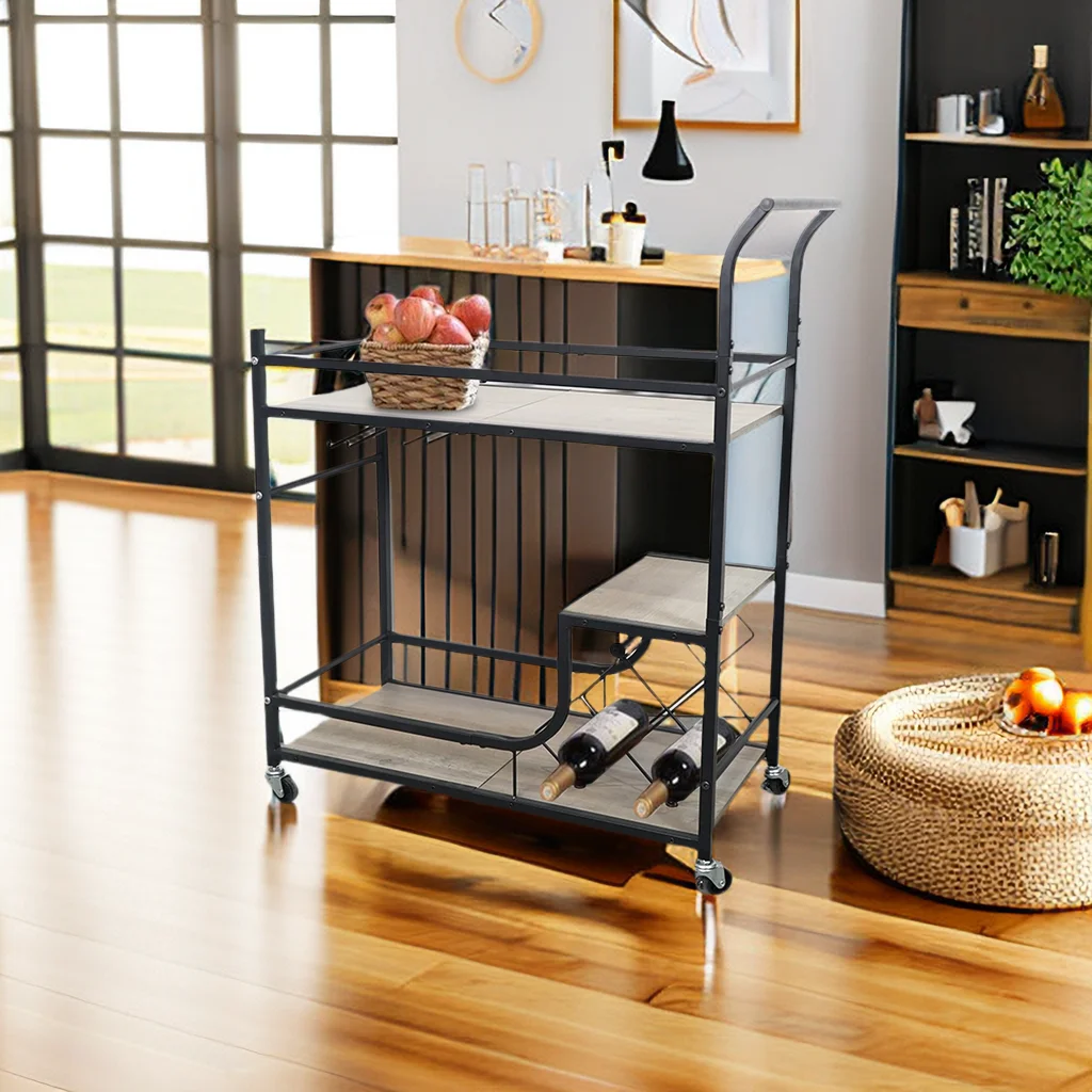 Rustic Beverage Cart And Drink Trolley With Wine Rack And Glasses ...