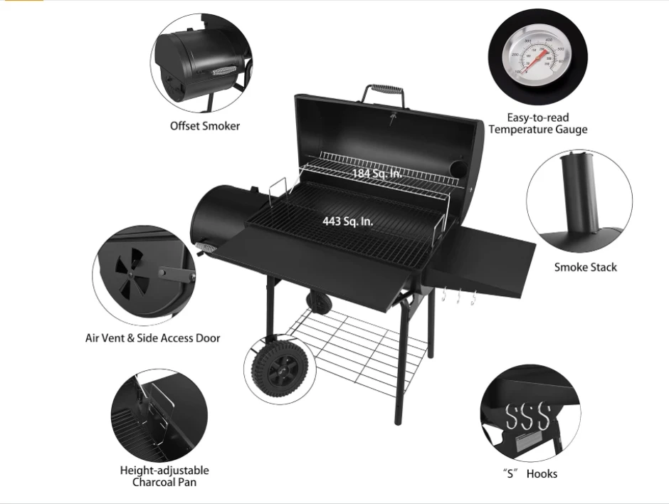 Portable Bbq Charcoal Grill And Offset Smoker 811 Square Inch Cooking ...