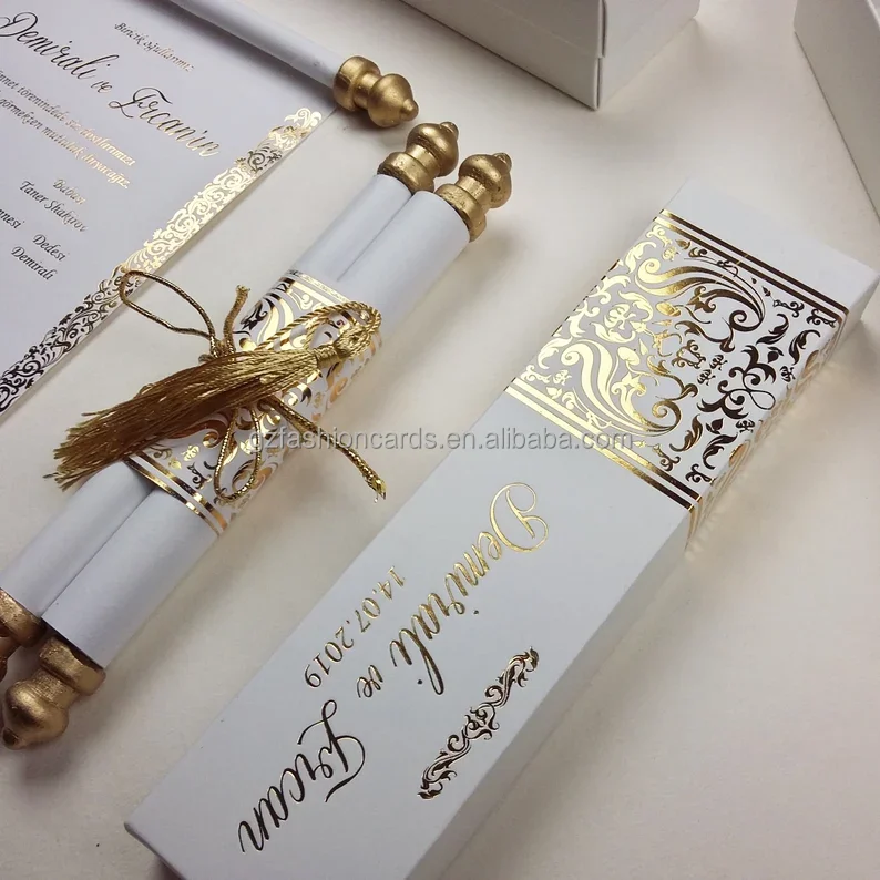 For Promotion Scroll Wedding Invitations With Box Tassel Gold Royal ...
