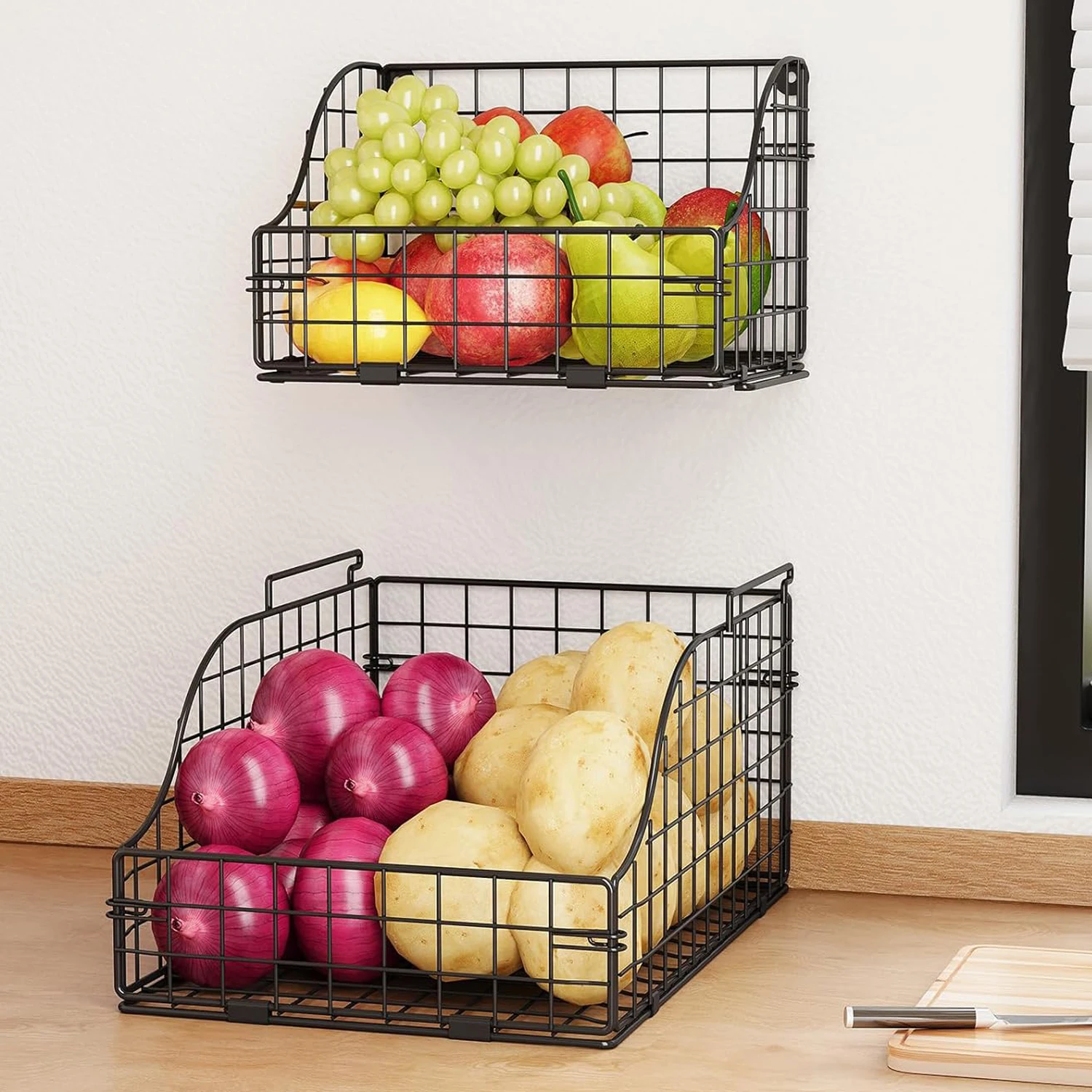 2-tier Wall-mounted & Countertop Fruit Vegetable Storage Basket ...