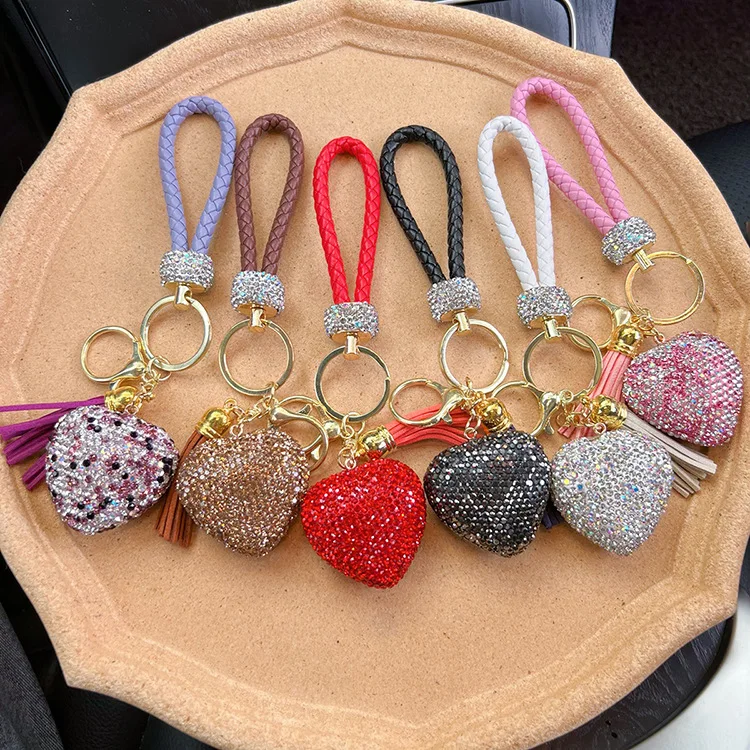 Bling Rhinestone Heart Shape Keychains Glitter Crystal Heart Tassel ...