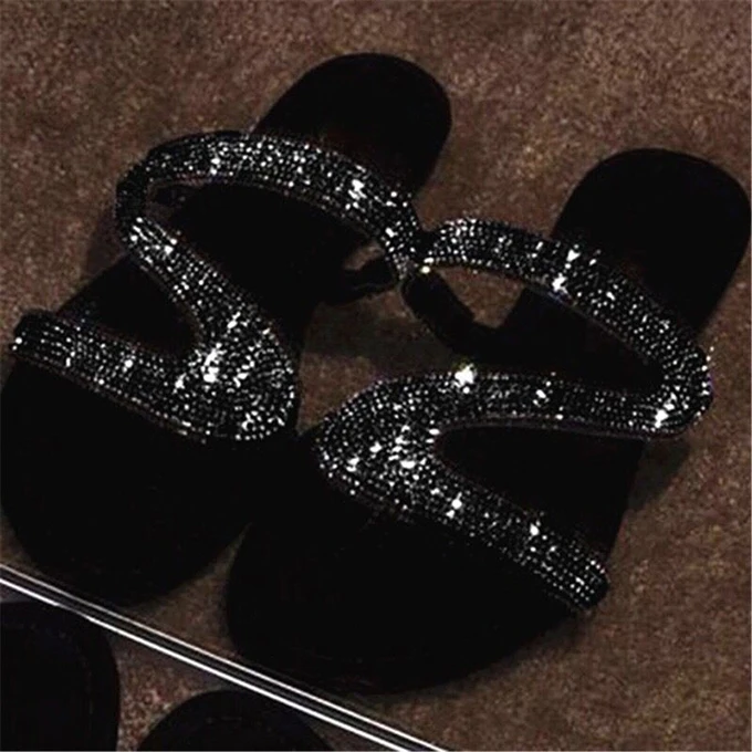 Fashion Shining Diamond Flat Slippers For Women Rhinestone Slippers ...