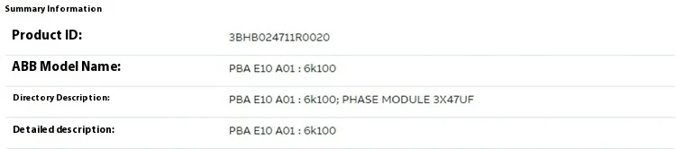 ABB PBA E10 A01 - Spare Parts for ACS2000 Industrial Control