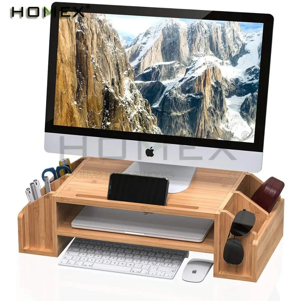 2 Tiier Monitor Riser Bamboo Stand With Adjustable Desktop Organizer ...