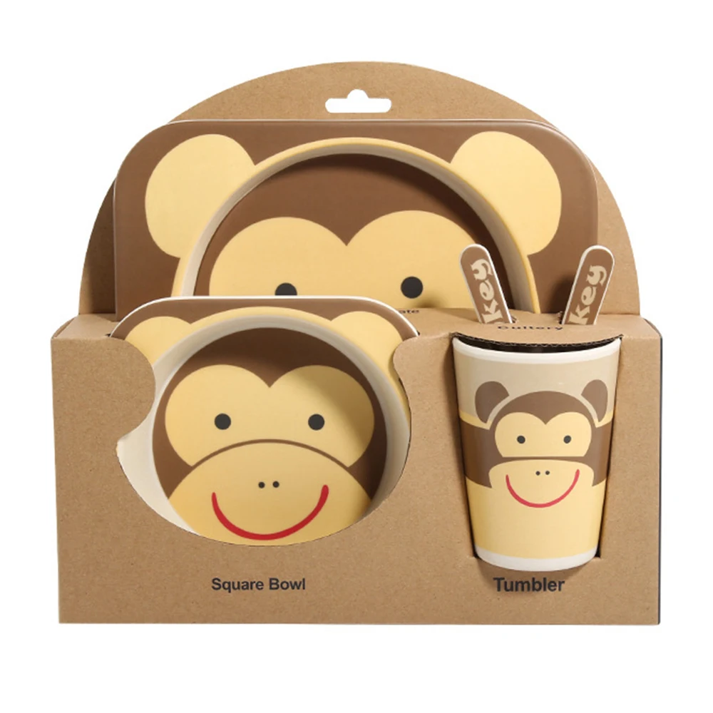 5 In 1 Box Packing Cartoon Animal Bamboo Baby Tableware With Feeding ...