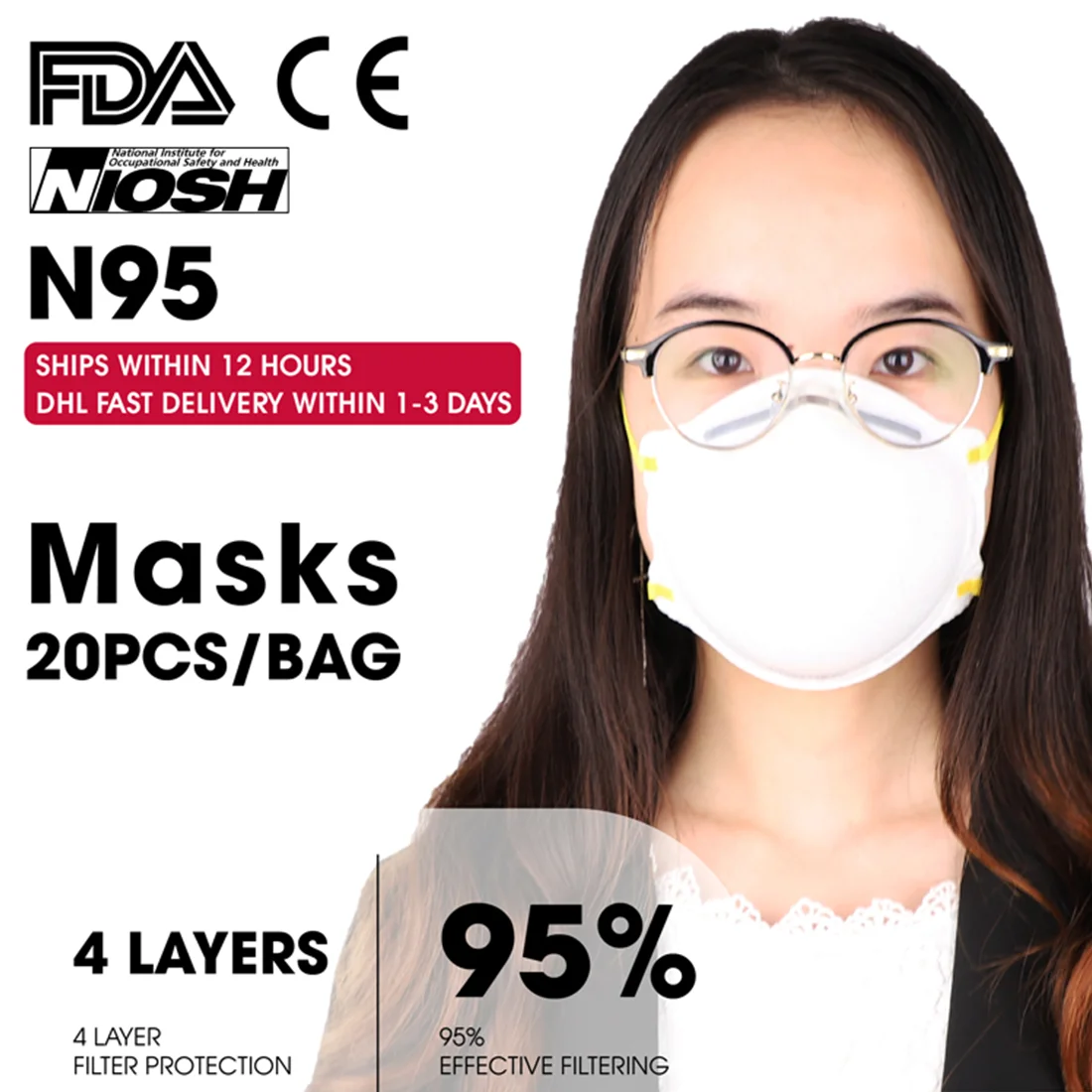 NIOSH N95 Face Mask Meltblown 95% High Filtration Breathable ...