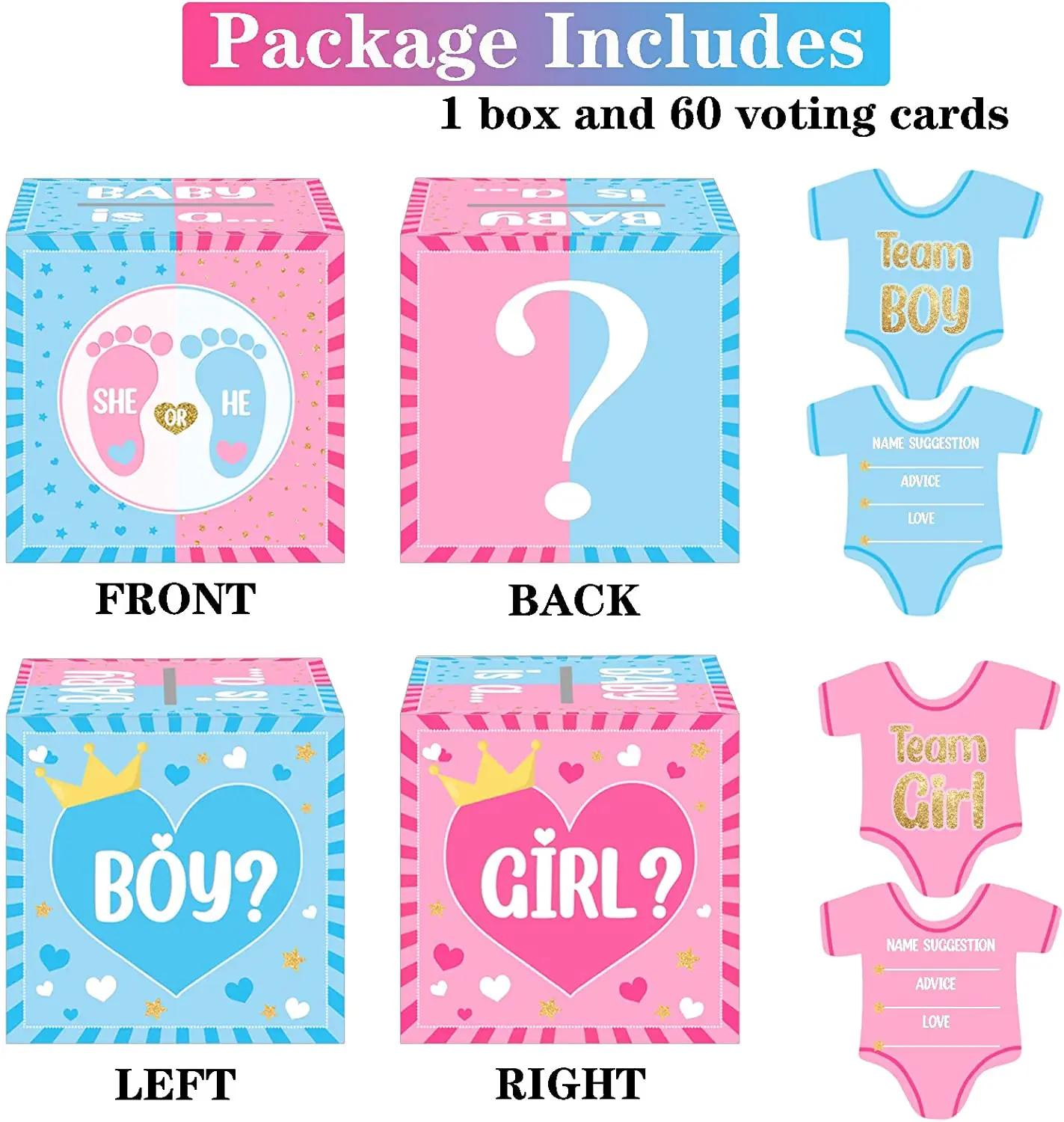 Gender Reveal Voting Box with 60 Ballot Cards - Perfect Party Supplies ...