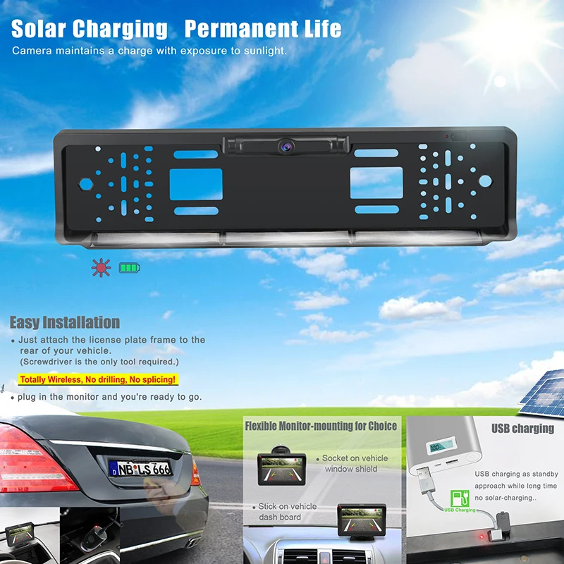 Auto Solar Power Rear View Camera Built In Battery Car Parking Backup ...