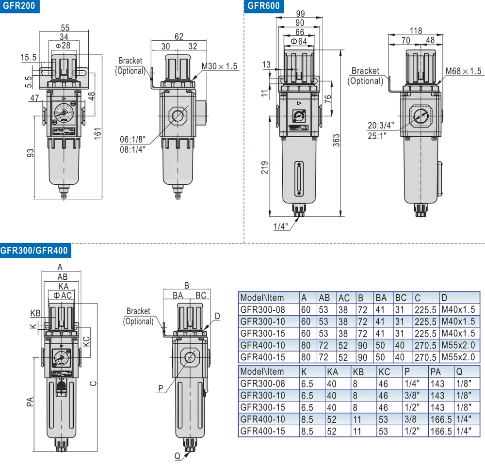Semi-auto / Manual Drain Low Pressure Gfr Series Airtac Pneumatic Air ...