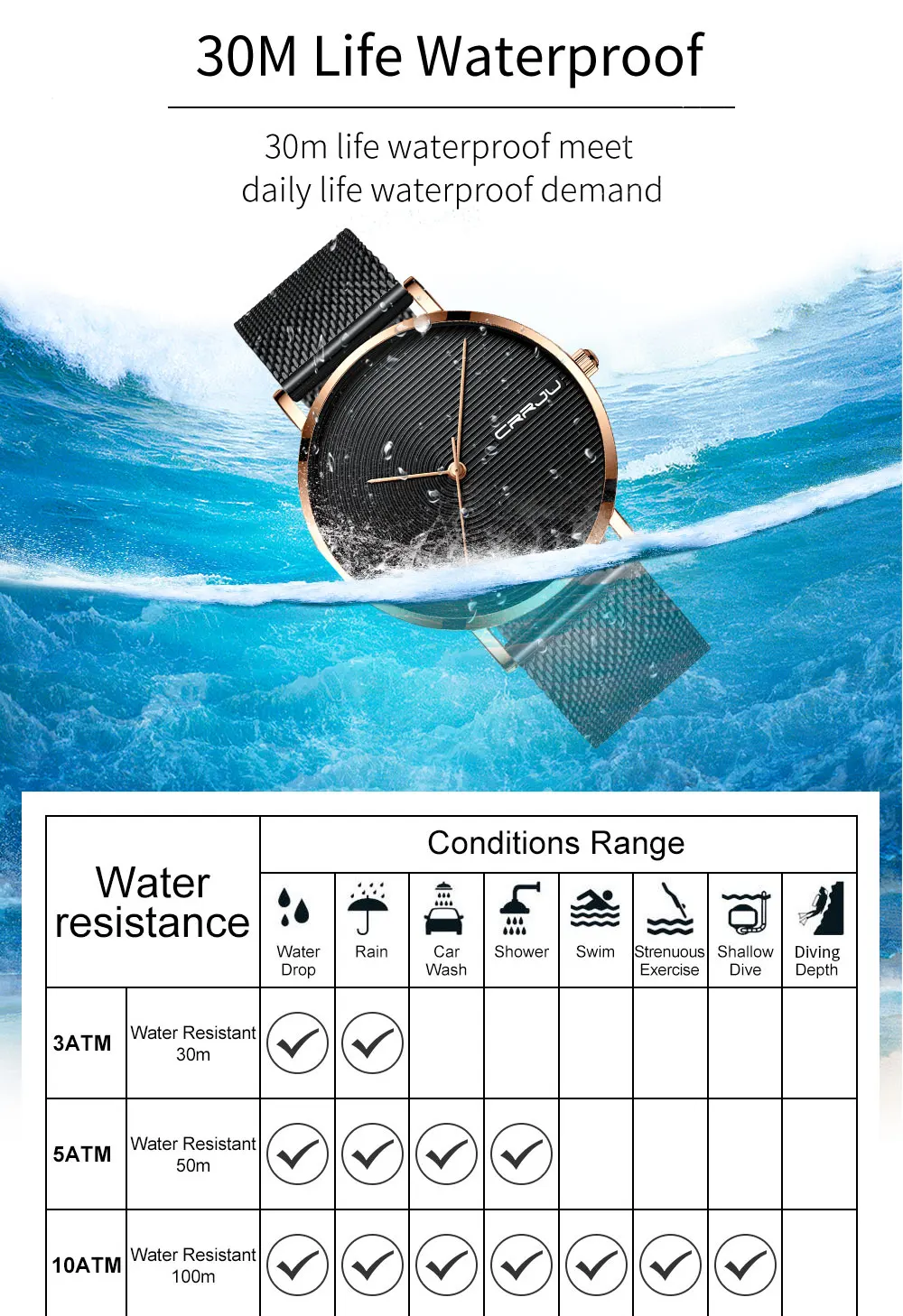 Crrju 2164 Elegance Black Gents Quartz Watch Comely Mesh Strap ...