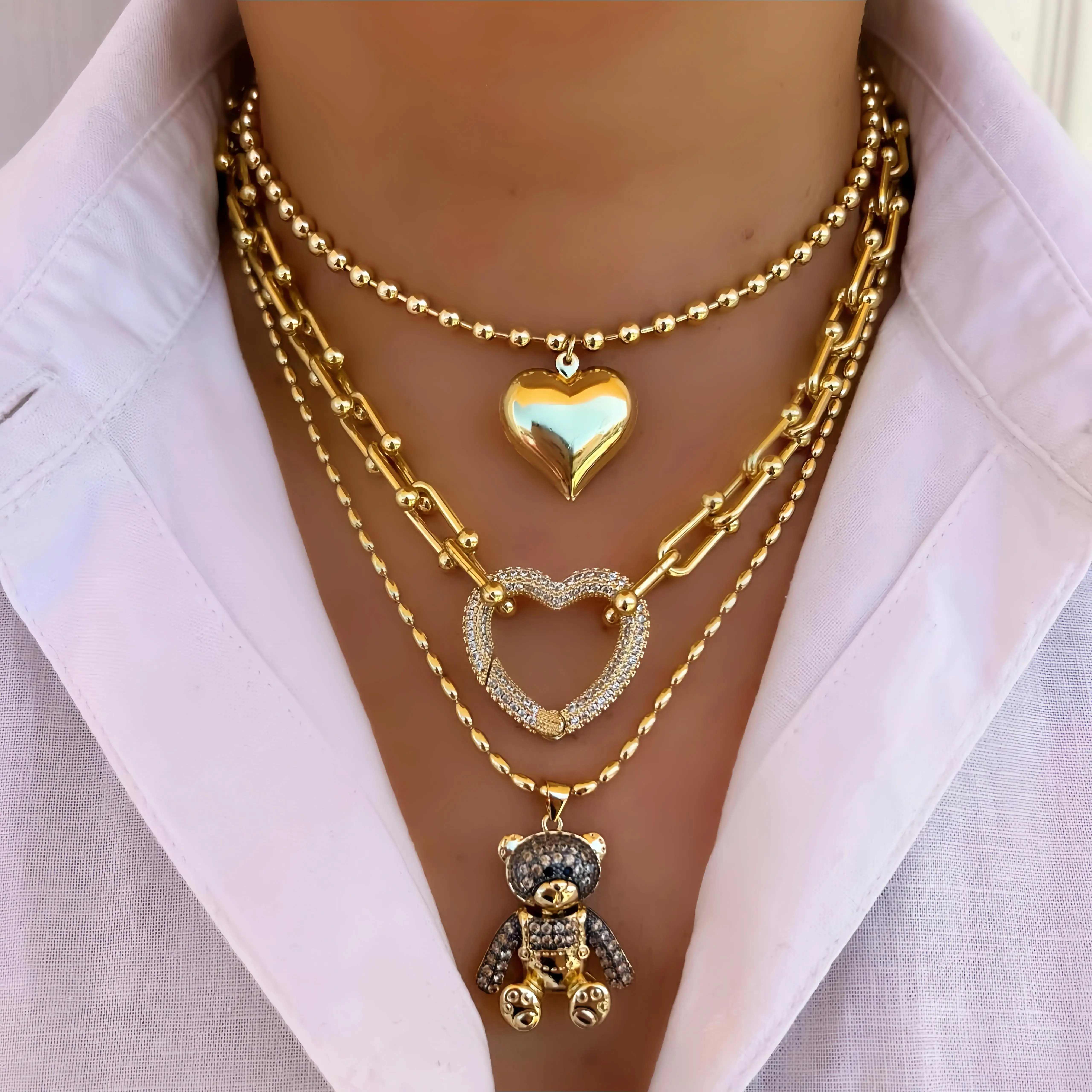 Ins Popular Micro Insert Full Zircon Diamond Heart Bear Fashion Pendent ...