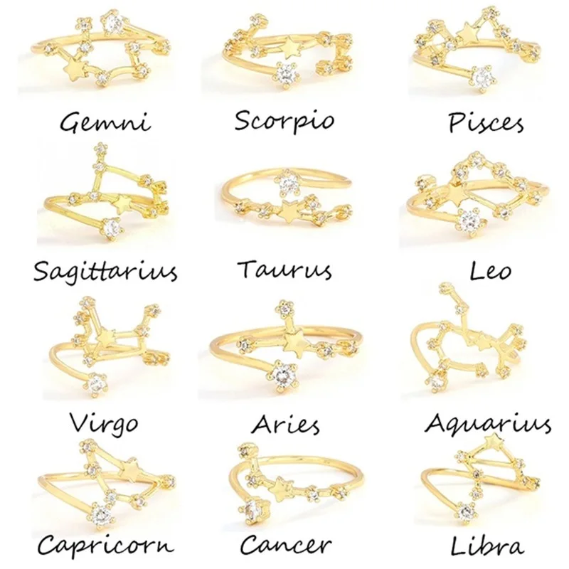 Q1431 12 Zodiac Sign Gold Finger Zodiac Rings Women Golden Astrology ...