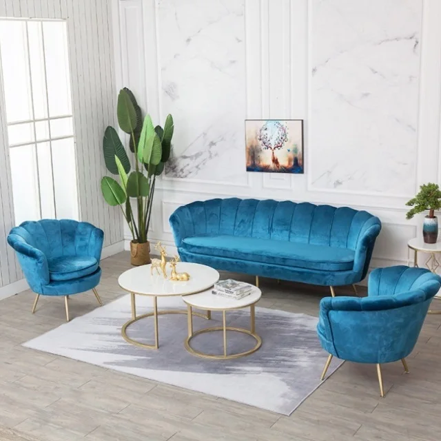 3s Blue Shell Seat Velvet Sofa With Gold Legs For Living Room Hotel ...