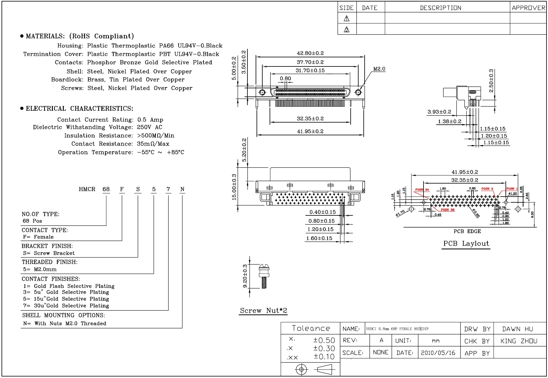 Kinkuo VHDCI 68pin Female Connector - Right Angle DIP Type