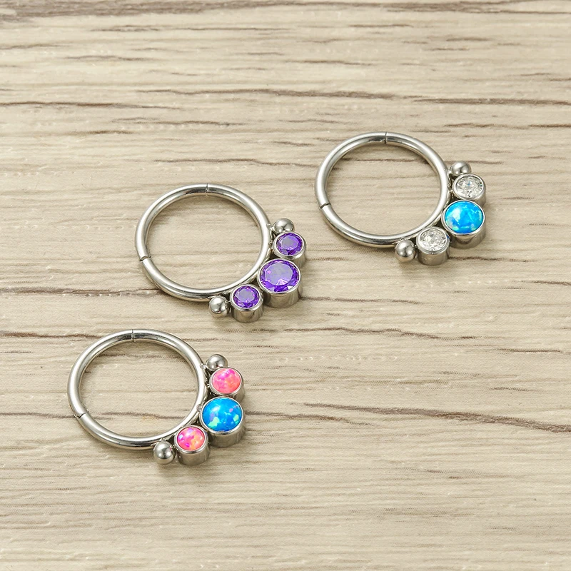 Astm F136 Titanium 2 Bead Hinged Segment Ring Septums Clicker With 3 Bezel Set Cabochon Opals Or ...