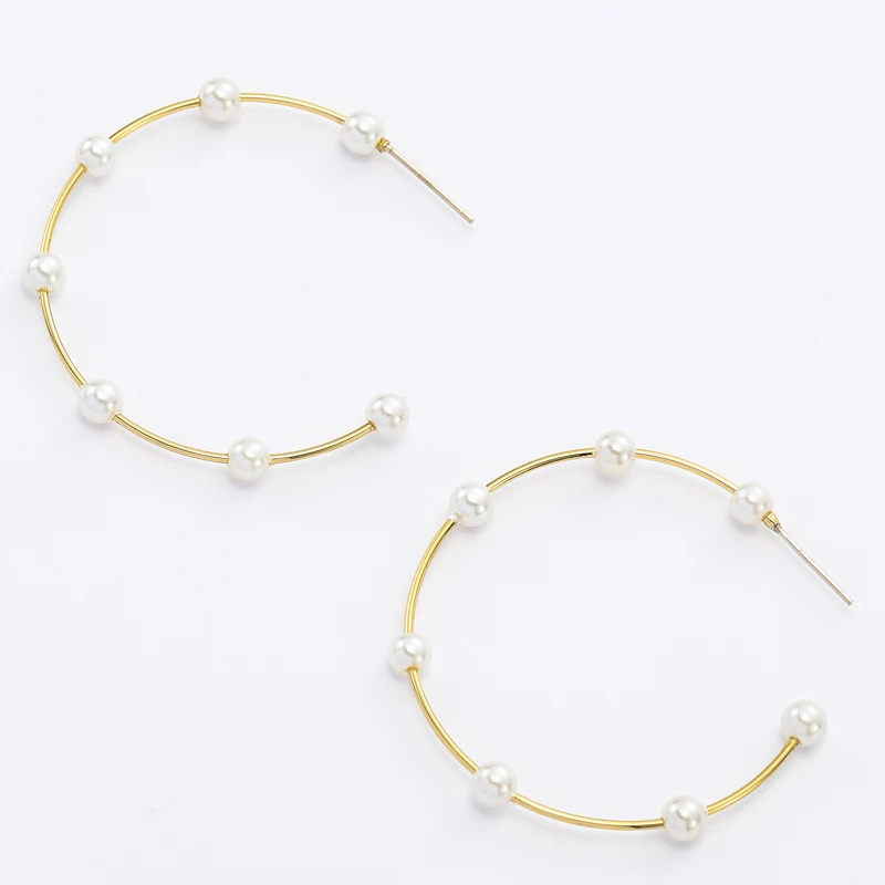 Fashion Pearl Beaded Big C Shape Earring 925 Silver Needle Brass 18K ...